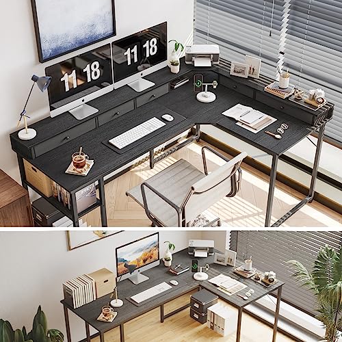 Treesland Large Desk, 24" Deep, Computer Desk with Monitor Stands, 67" L x 47" W Home Office Desks, Desk with Storage Shelves and 5 Drawers, Black