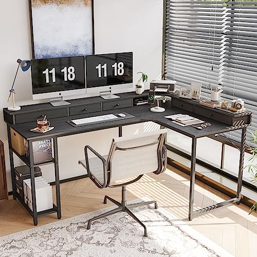 Treesland Large Desk, 24" Deep, Computer Desk with Monitor Stands, 67" L x 47" W Home Office Desks, Desk with Storage Shelves and 5 Drawers, Black