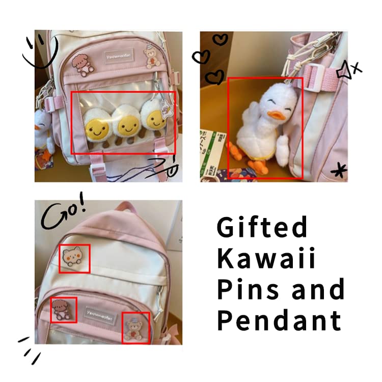 Kawaii Aesthetic Cute Back to School Backpack with Lovely Accessories and Pendant for Girls and Boys in 4 Colors (Yellow)
