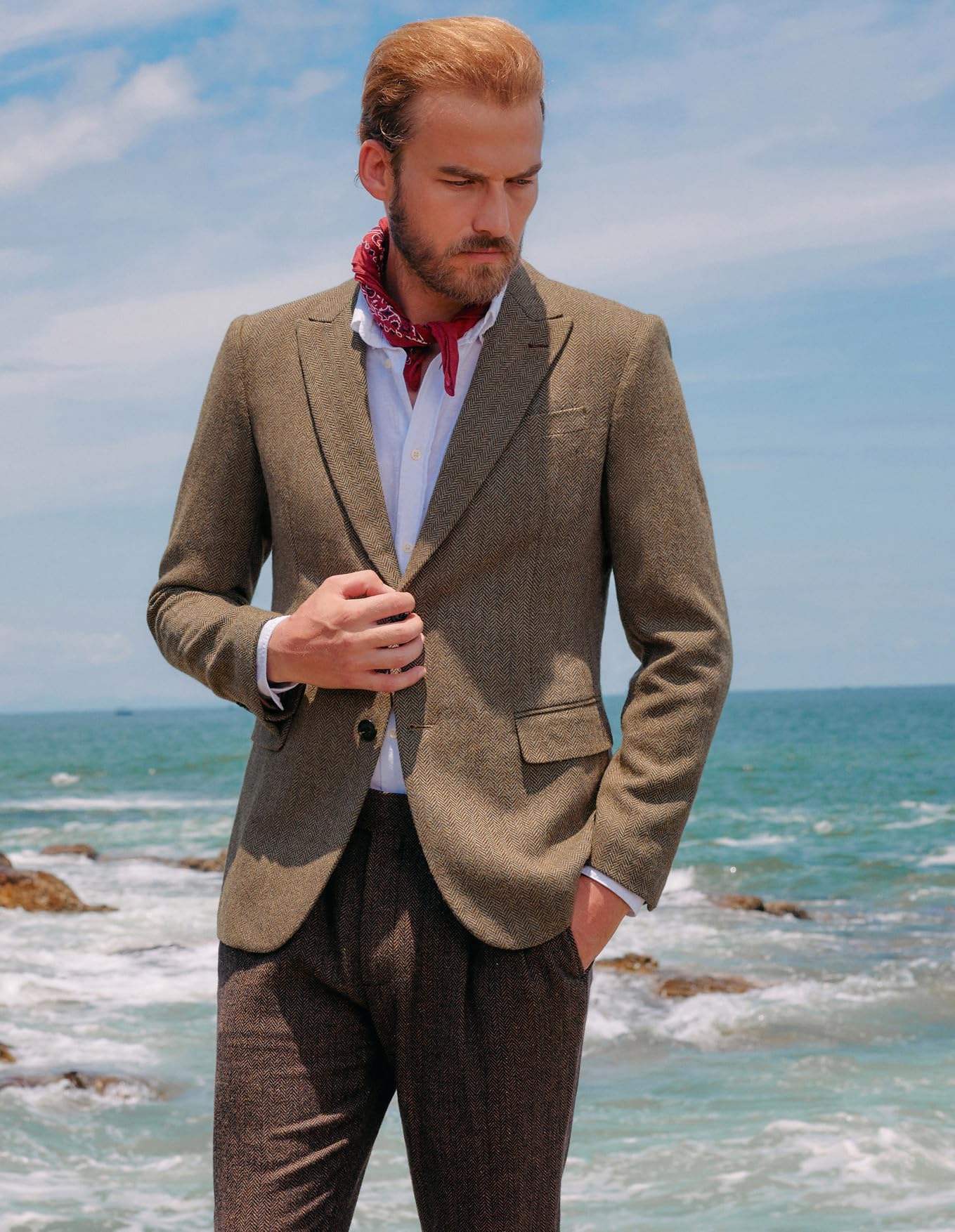 Men's Vintage Herringbone Tweed Blazer Winter Peak Lapel Wool Blend Jacket Coffee Herringbone L