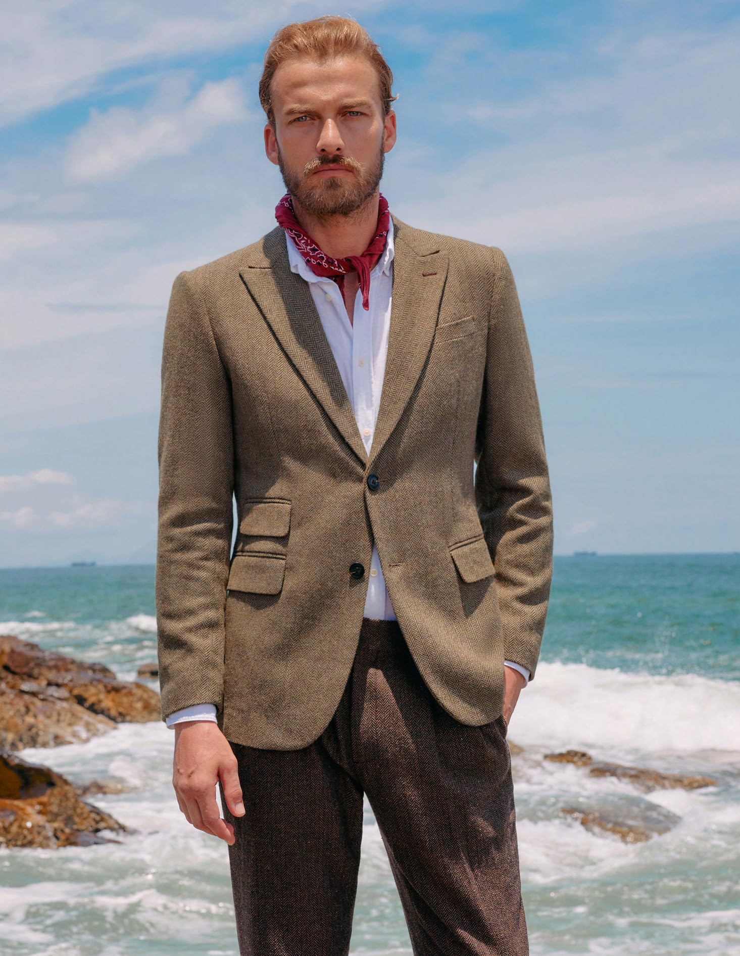 Men's Vintage Herringbone Tweed Blazer Winter Peak Lapel Wool Blend Jacket Coffee Herringbone L