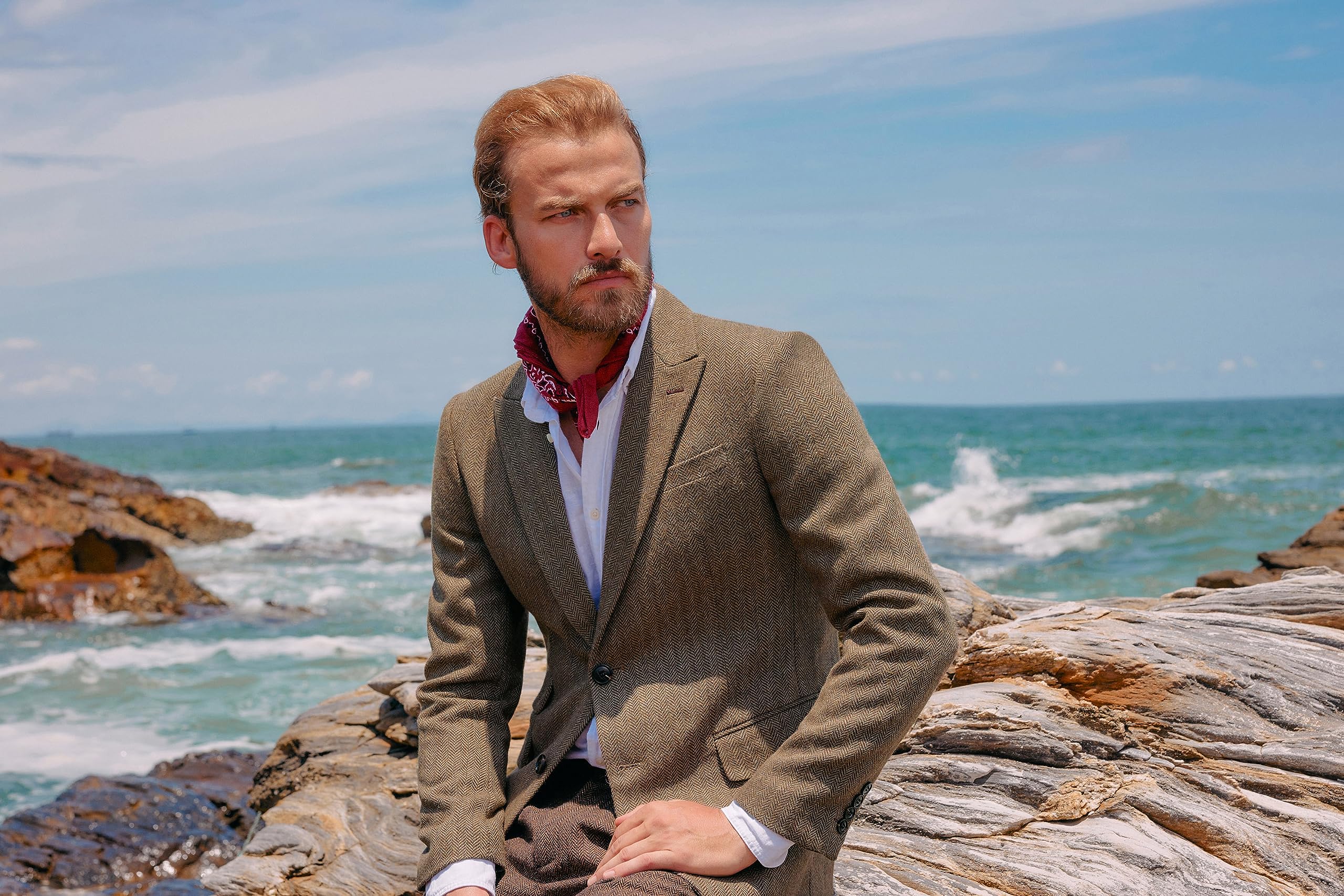 Men's Vintage Herringbone Tweed Blazer Winter Peak Lapel Wool Blend Jacket Coffee Herringbone L
