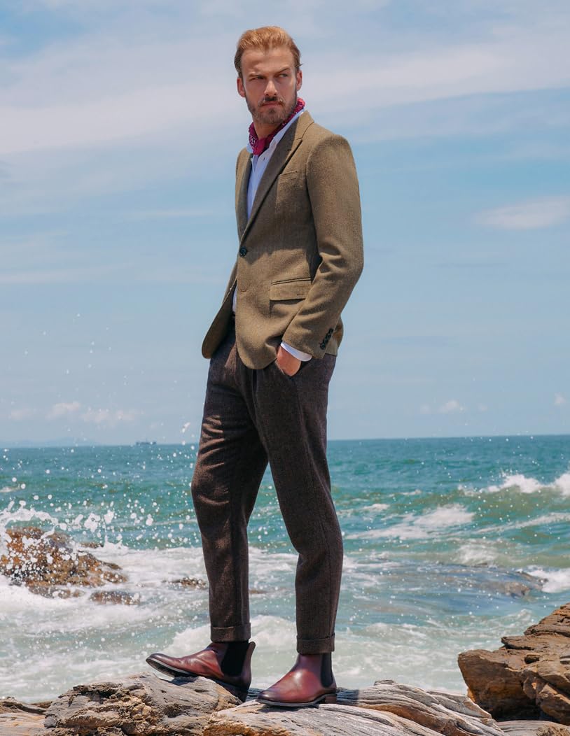 Men's Vintage Herringbone Tweed Blazer Winter Peak Lapel Wool Blend Jacket Coffee Herringbone L