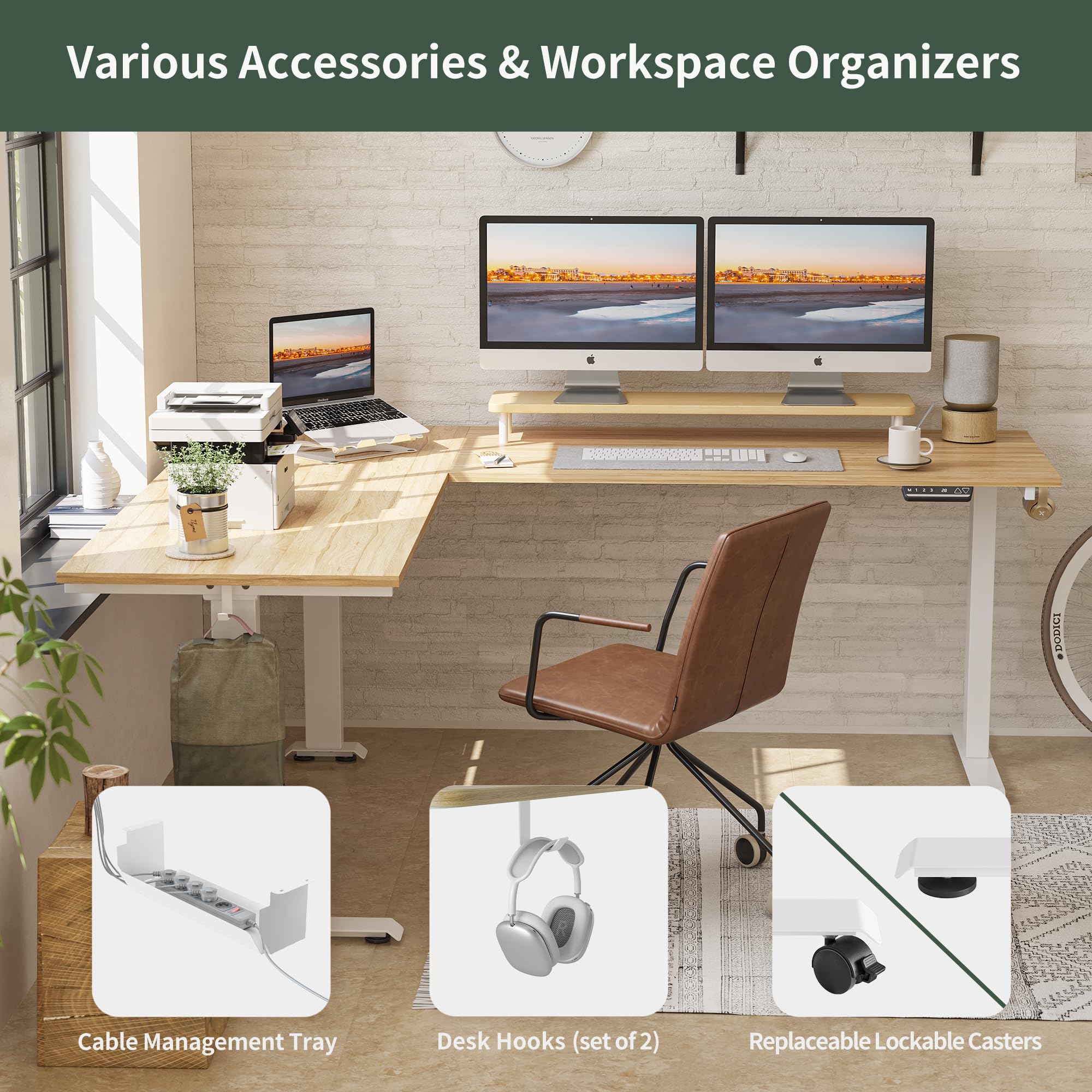 FEZIBO 75 Inches Triple Motor L Shaped Standing Desk Reversible, Electric Height Adjustable Corner Stand up Desk, Sit Stand Desk Computer Workstation, White Frame/Natural Top