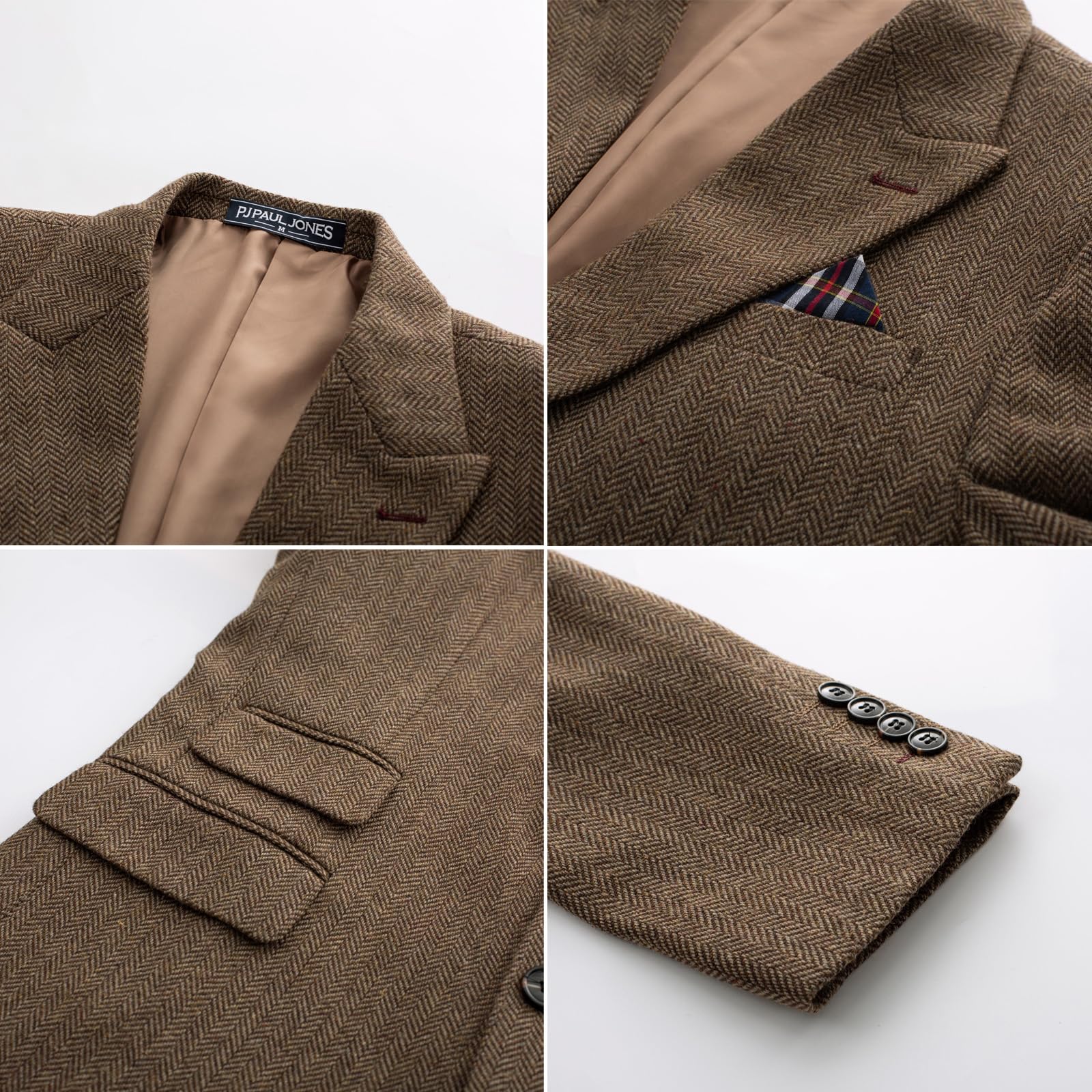 Men's Vintage Herringbone Tweed Blazer Winter Peak Lapel Wool Blend Jacket Coffee Herringbone L