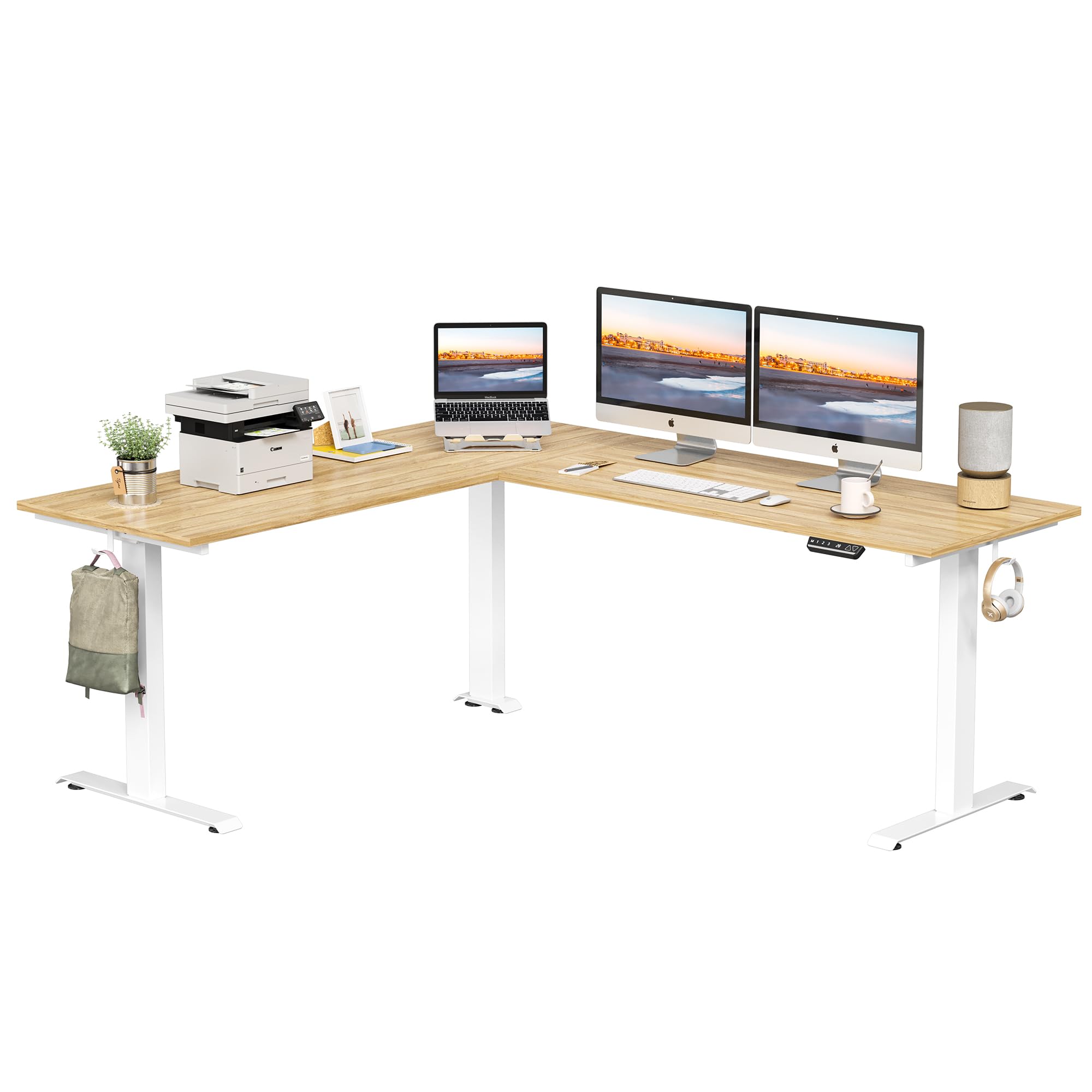 FEZIBO 75 Inches Triple Motor L Shaped Standing Desk Reversible, Electric Height Adjustable Corner Stand up Desk, Sit Stand Desk Computer Workstation, White Frame/Natural Top