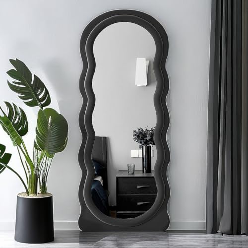 AyeWish Floor Mirror, Wavy Full Length, Wave Standing, Large Tall Wall Mounted or FreeStanding, 63"24", Flannel Frame- Black