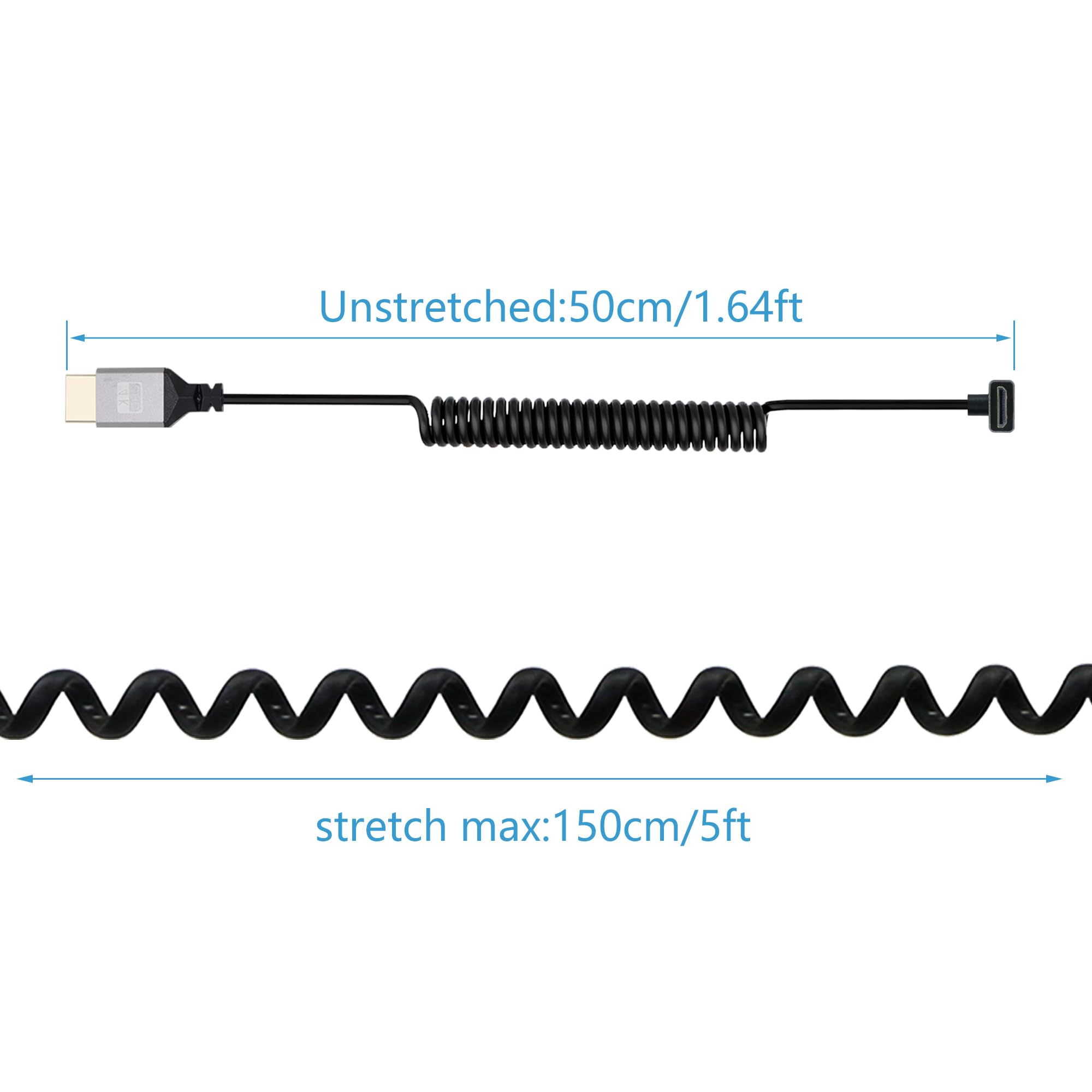 RIIEYOCA 90 Degree Up Angle UHD 4K Micro HDMI Male to HDMI Male 18Gbps High Speed 2.0 Extender Coiled Cable Supports 4K@60Hz,1080p,ARC,3D,for Laptop,DVRs,HDTV,Roku Ultra Stretchable to 1.5M/5FT