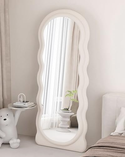 AyeWish Wavy Full Length Mirror, 63"24", White Flannel Frame, Freestanding/Wall Mounted/Leaning, Modern Oval Mirror for Bedroom Home Decor
