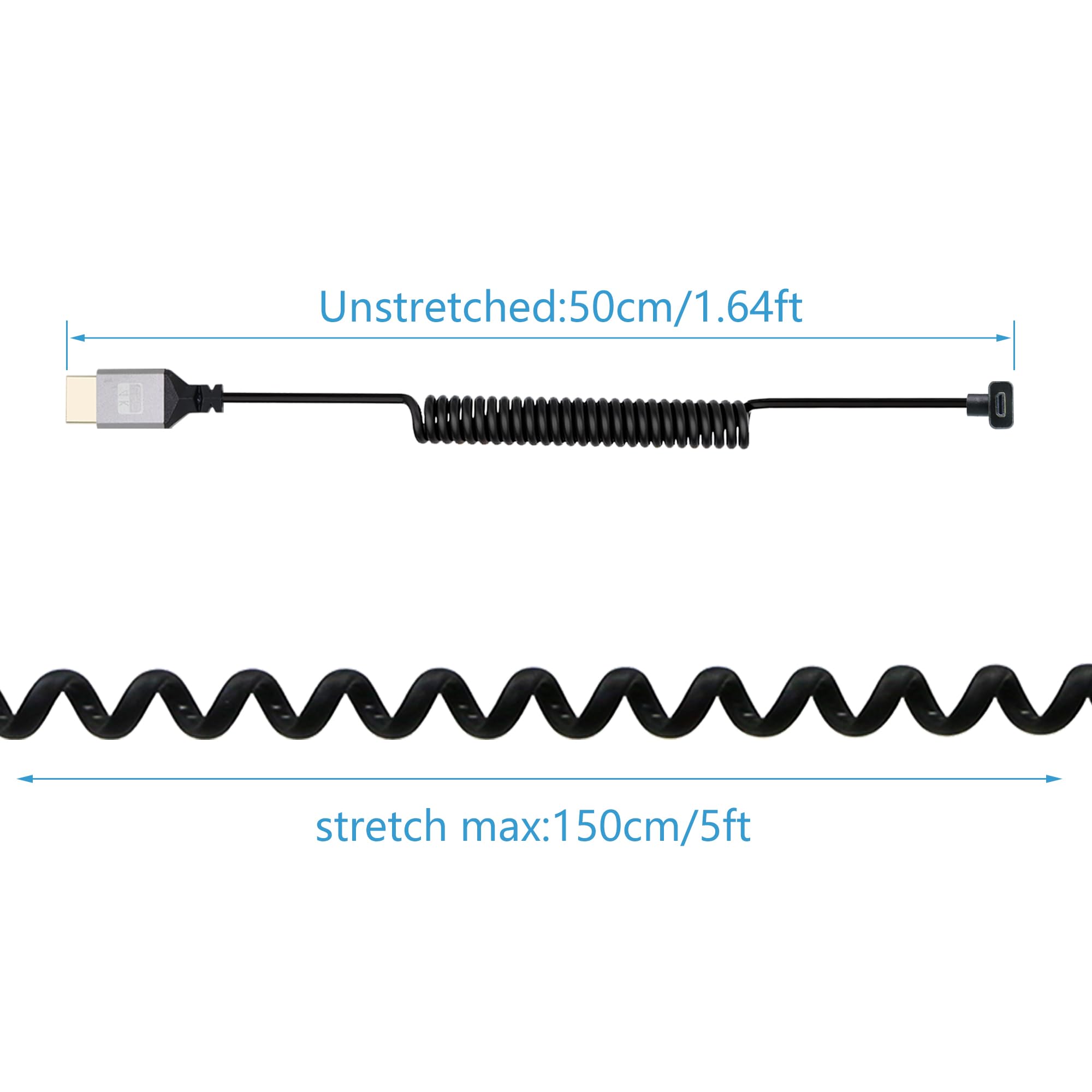 RIIEYOCA 90 Degree Down Angle UHD 4K Micro HDMI Male to HDMI Male 18Gbps High Speed 2.0 Extender Coiled Cable Supports 4K@60Hz,1080p,ARC,3D,for Laptop,DVRs,HDTV,Roku Ultra Stretchable to 1.5M/5FT