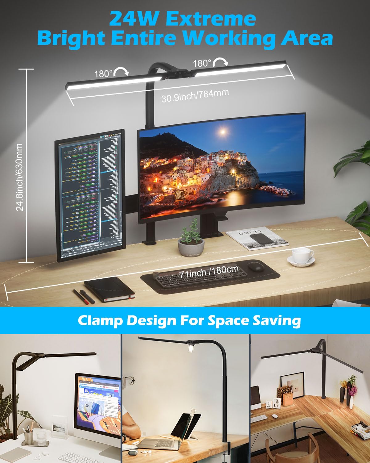KPBOTL 24W Double Head Architect Desk Lamp for Home Office, Ultra Wide 30.9'' Eye-Caring Auto Dimming Desk Light with Adapter, Super Bright Table Lamp with Flexible Gooseneck,5 Colors,10 Brightness