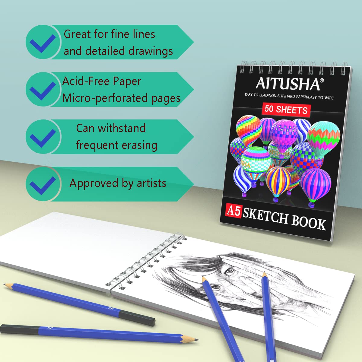 AITUSHA 36-Piece Professional Sketch Pencil Set with 50-Page Drawing Pad: Perfect Art Supplies for Artists, Beginners, Adults, and Teens