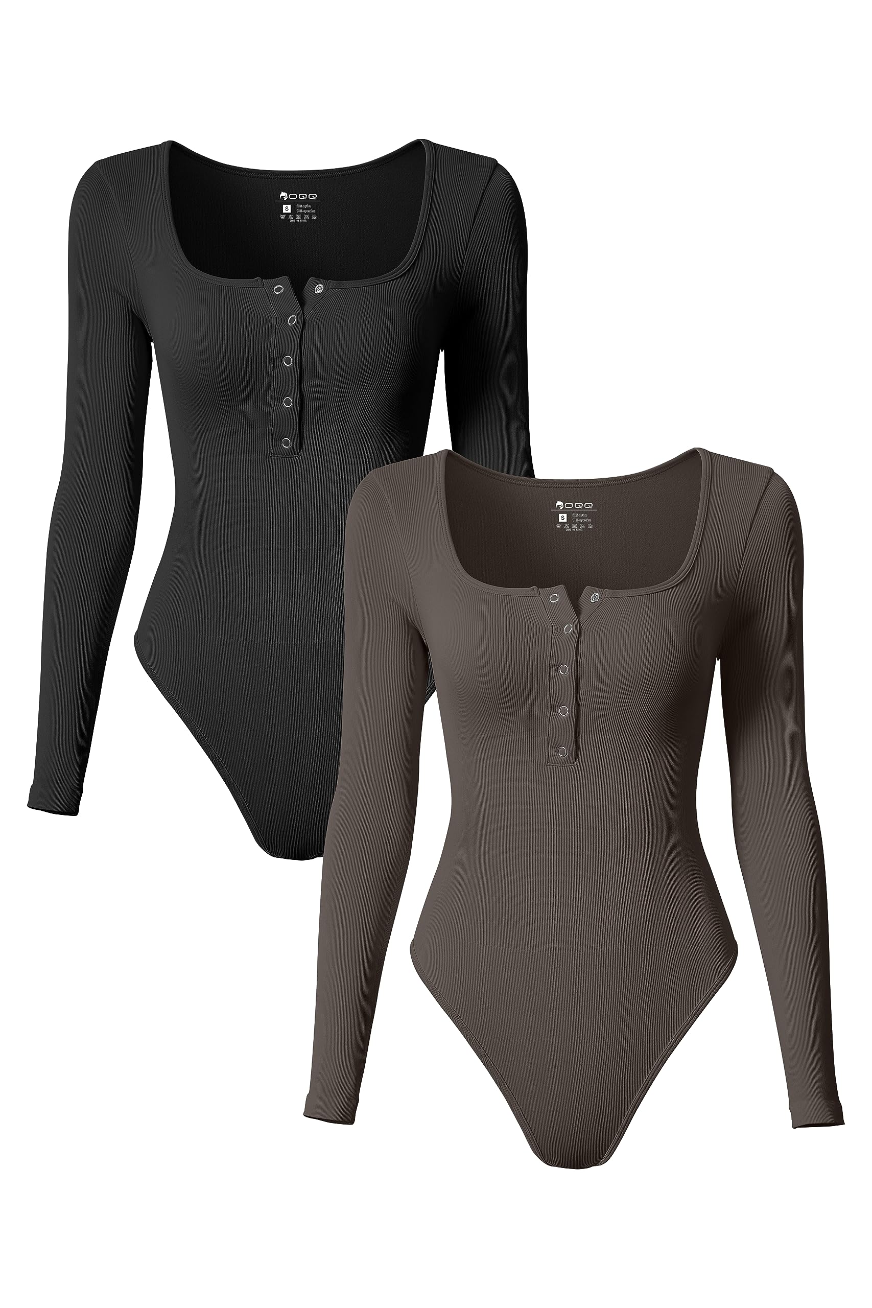 OQQ Women's 2 Piece Sexy Ribbed One Long Sleeve Button Square Neck Top BodySuit, Black,tea Leaf, Small