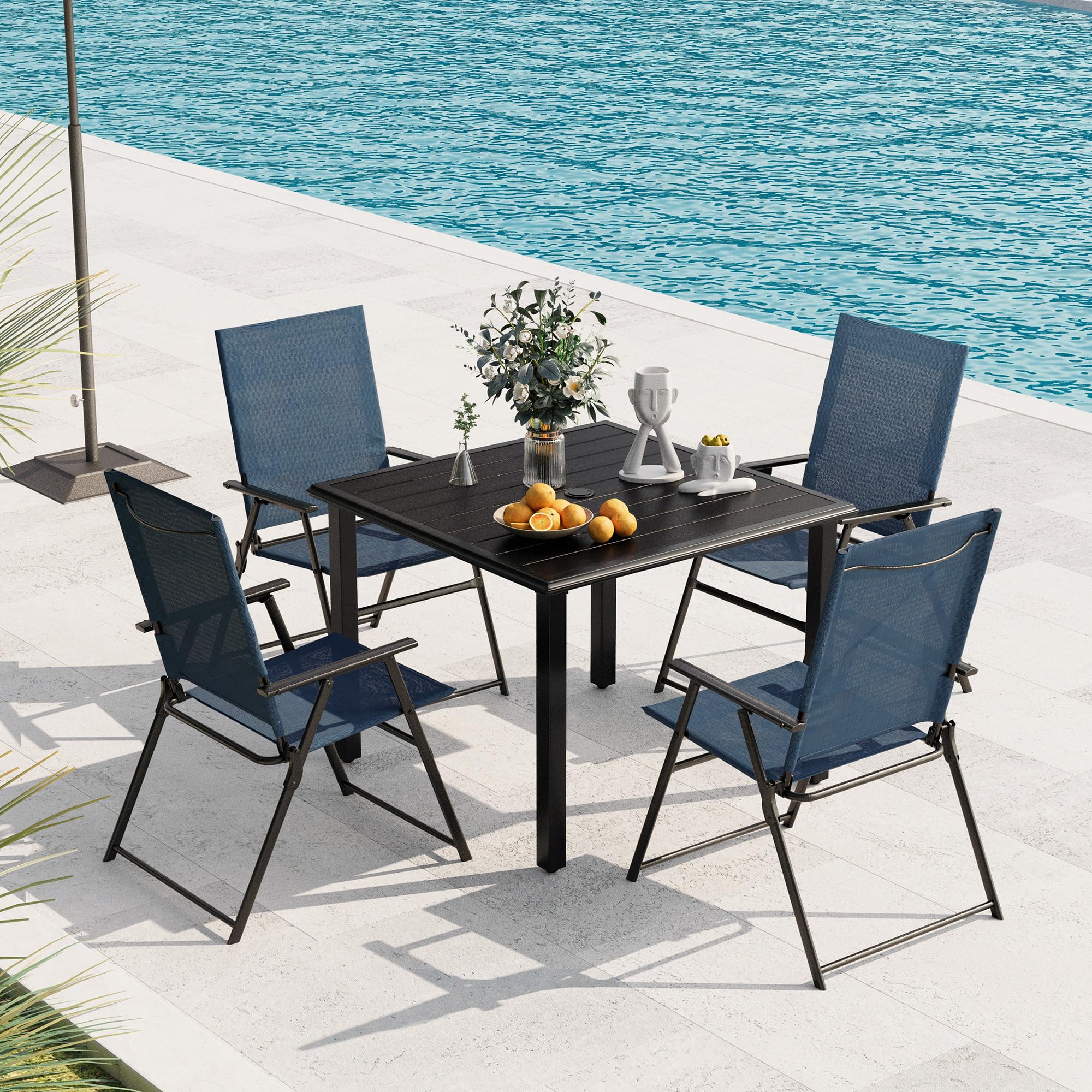 VICLLAX Patio Folding Chairs Set of 2, Outdoor Portable Sling Lawn Chairs for Camping Garden Pool Beach Yard, Dark Blue