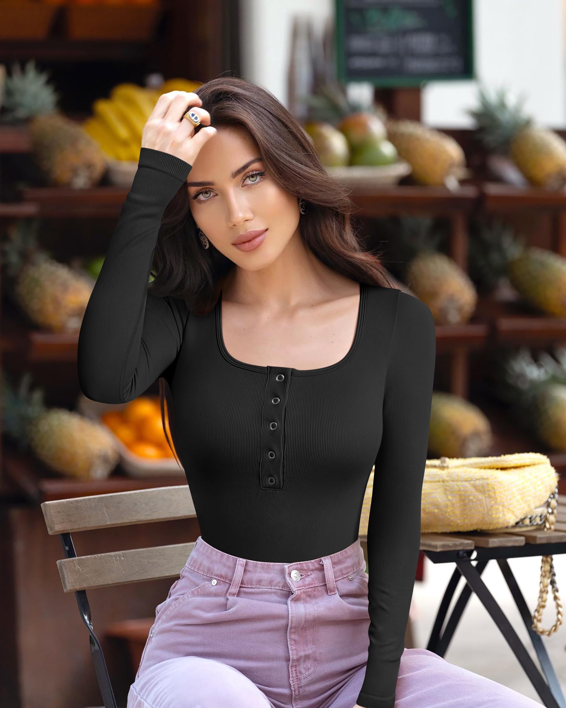 OQQ Women's 2 Piece Sexy Ribbed One Long Sleeve Button Square Neck Top BodySuit, Black,tea Leaf, Small