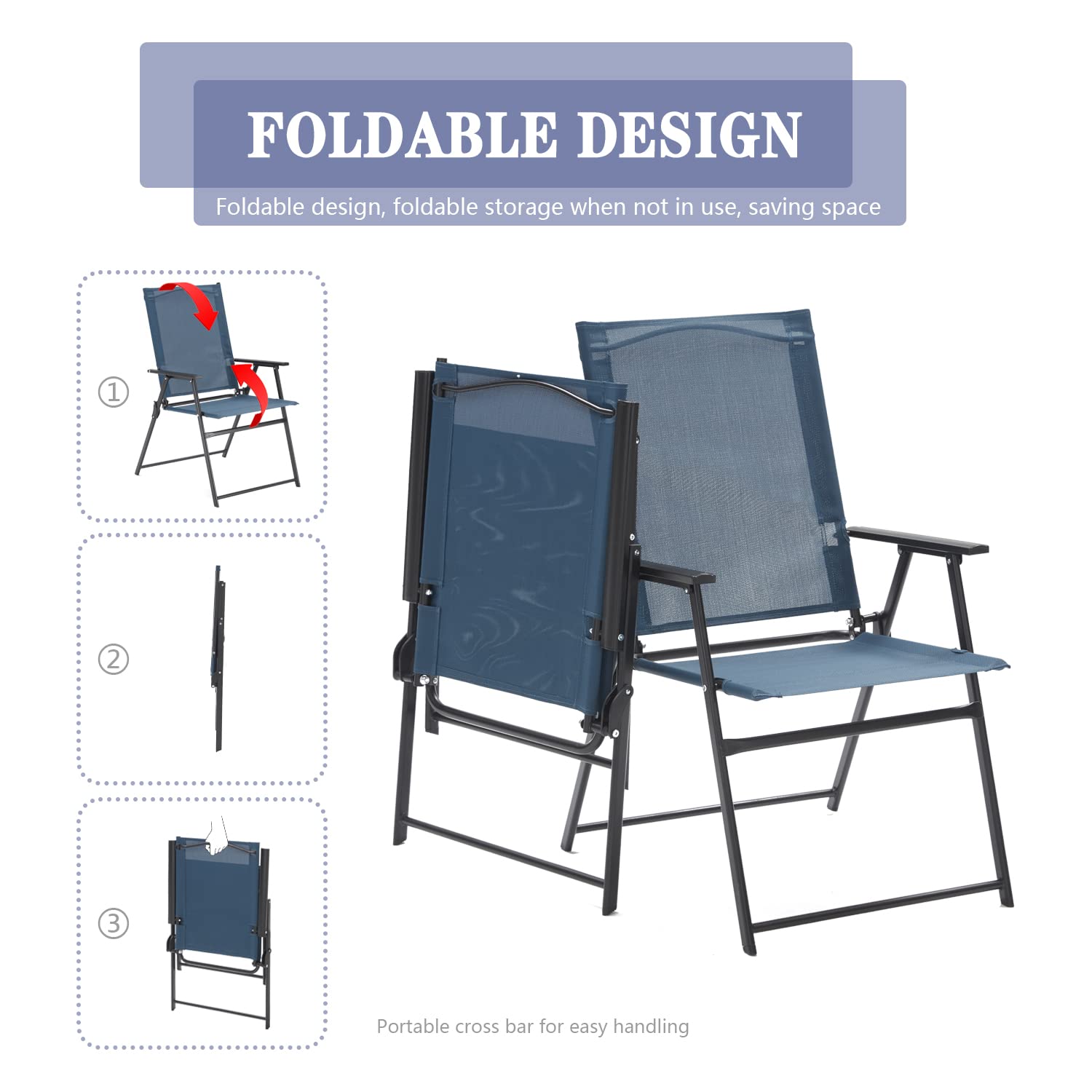 VICLLAX Patio Folding Chairs Set of 2, Outdoor Portable Sling Lawn Chairs for Camping Garden Pool Beach Yard, Dark Blue