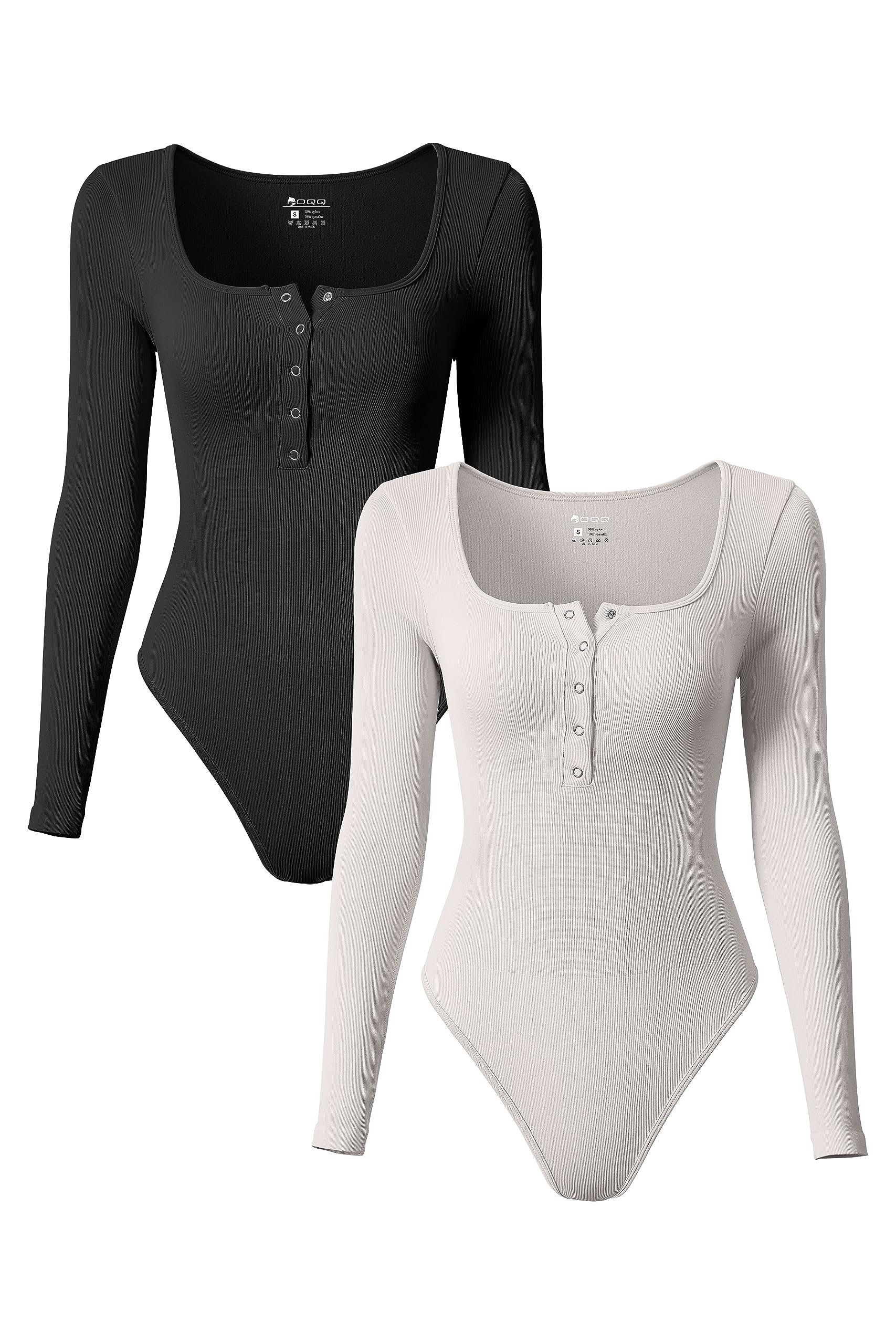OQQ Women's 2 Piece Sexy Ribbed One Long Sleeve Button Square Neck Top BodySuit, Black,pumic Grey, Small