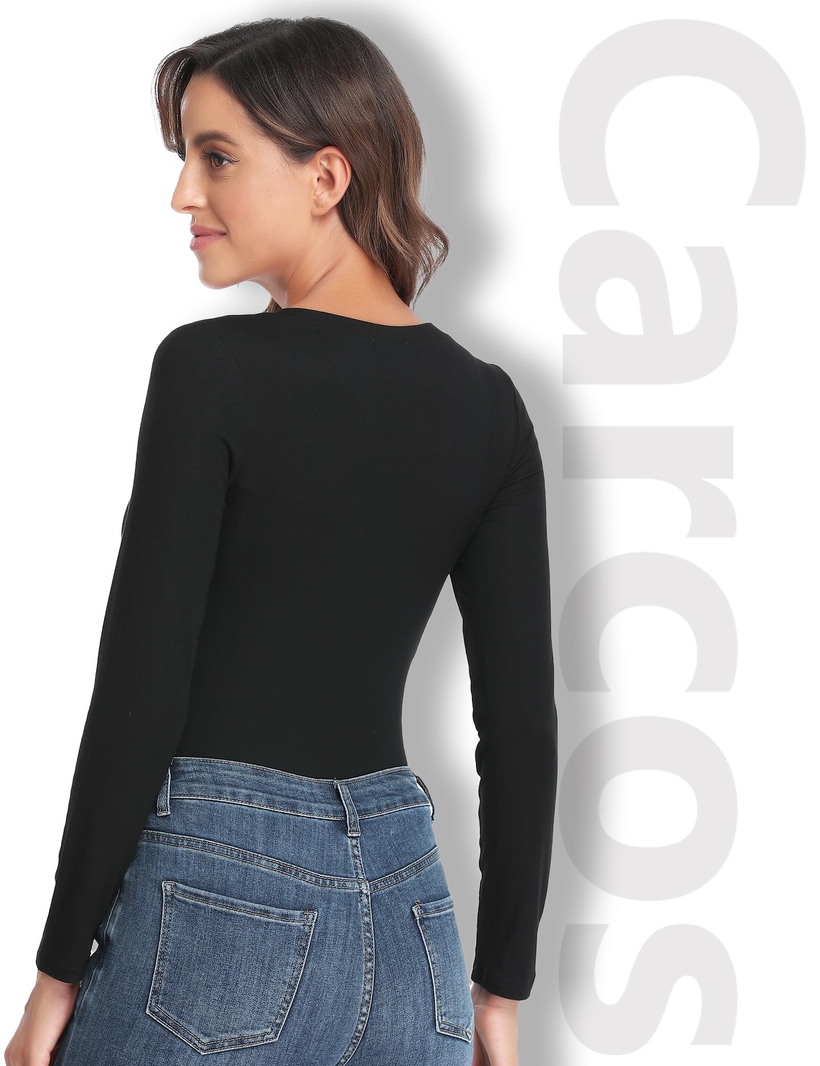 CARCOS Women's Casual Tops Sexy V Neck Long Sleeve Pullover Underwear Tee Slim Fit Basic Shirts Black XL