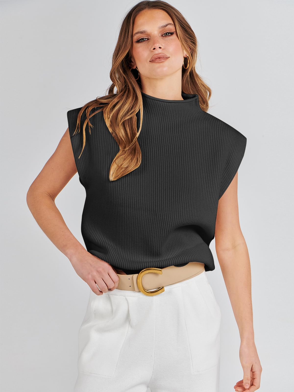 ANRABESS Women's Mock Neck Sleeveless Sweater Vest Casual Cap Sleeve Knit Pullover Tank Tops 2025 Spring Summer Clothes Black-M
