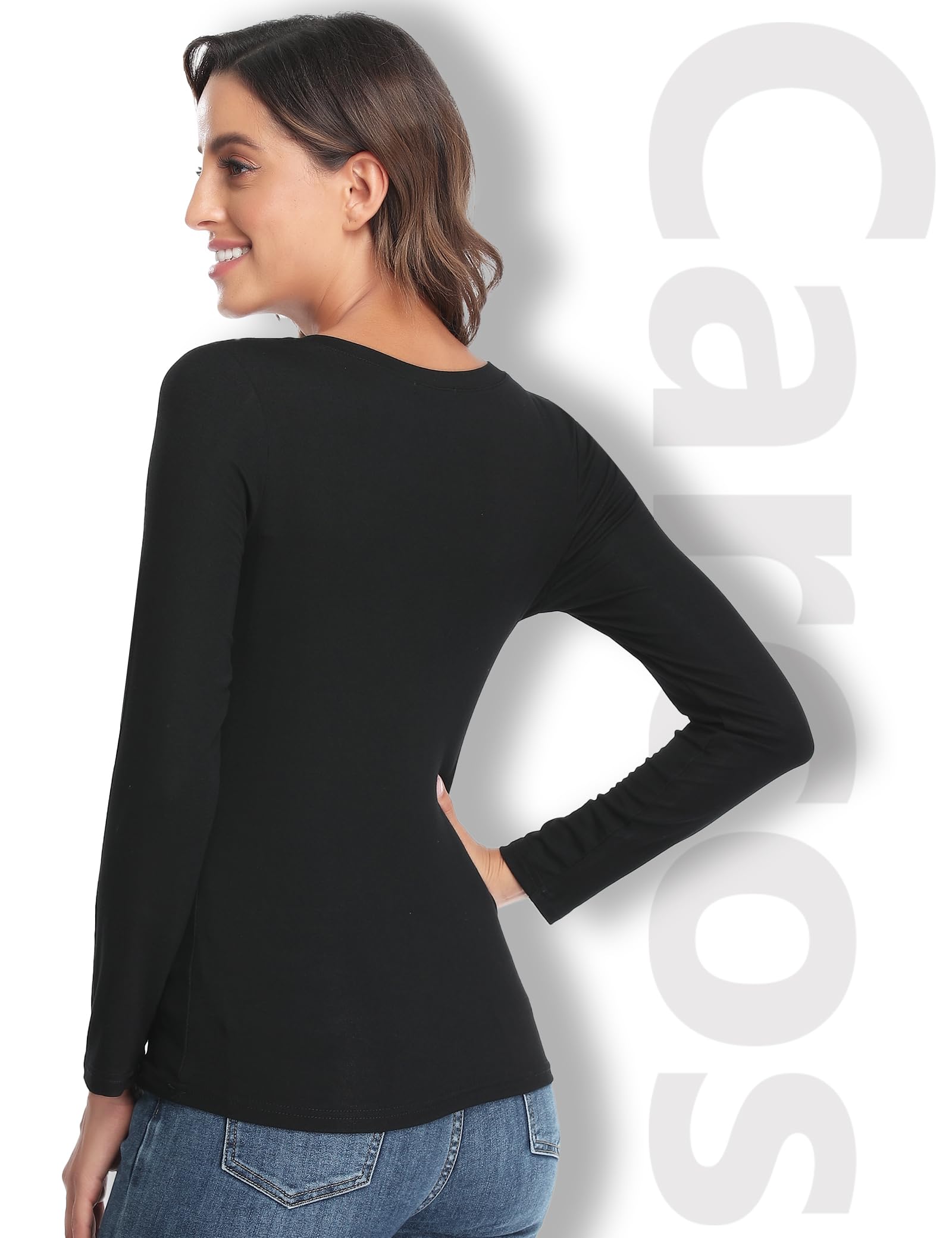 CARCOS Women's Casual Tops Sexy V Neck Long Sleeve Pullover Underwear Tee Slim Fit Basic Shirts Black XL