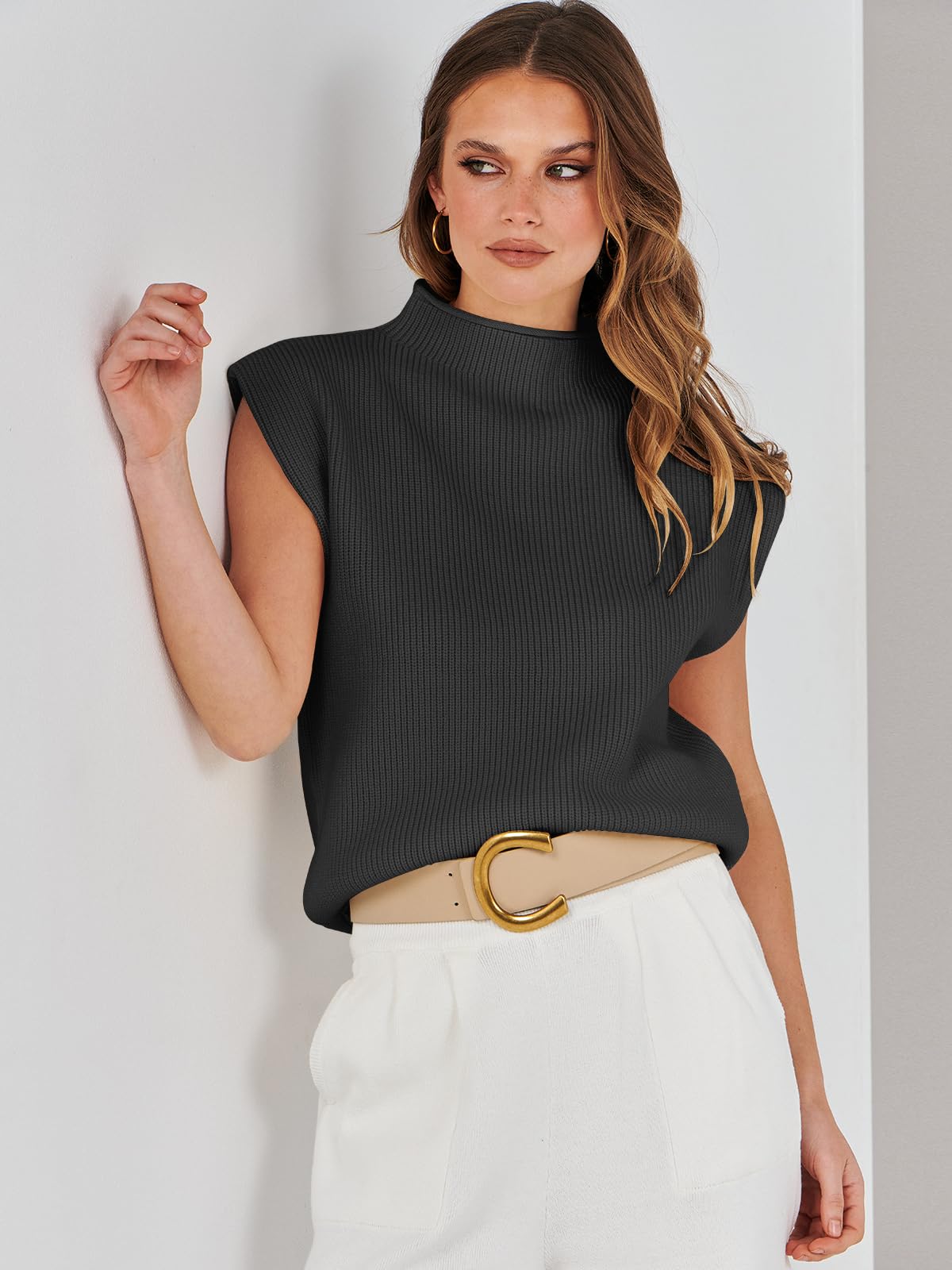 ANRABESS Women's Mock Neck Sleeveless Sweater Vest Casual Cap Sleeve Knit Pullover Tank Tops 2025 Spring Summer Clothes Black-M