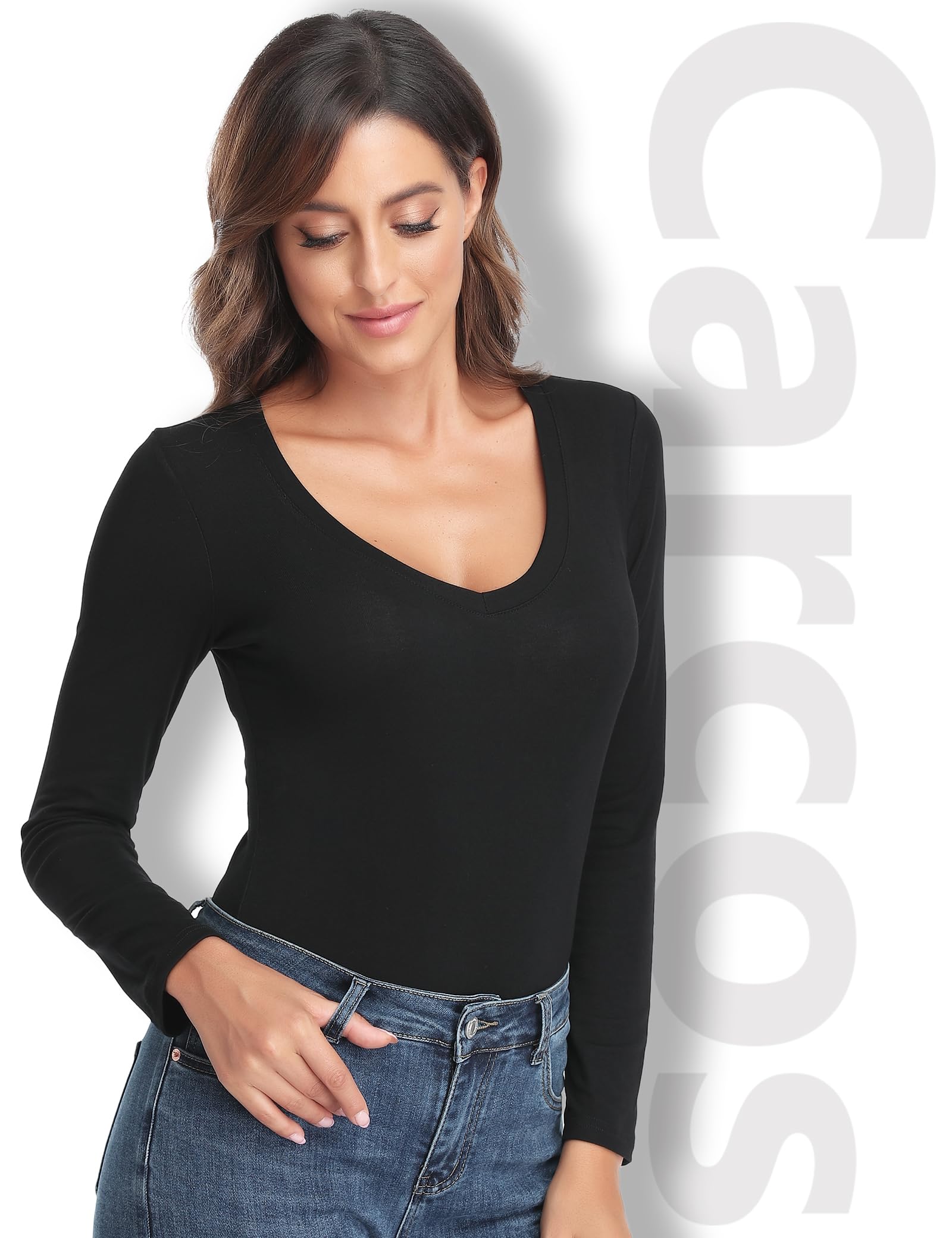 CARCOS Women's Casual Tops Sexy V Neck Long Sleeve Pullover Underwear Tee Slim Fit Basic Shirts Black XL