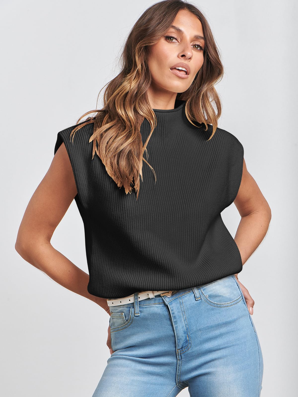 ANRABESS Women's Mock Neck Sleeveless Sweater Vest Casual Cap Sleeve Knit Pullover Tank Tops 2025 Spring Summer Clothes Black-M