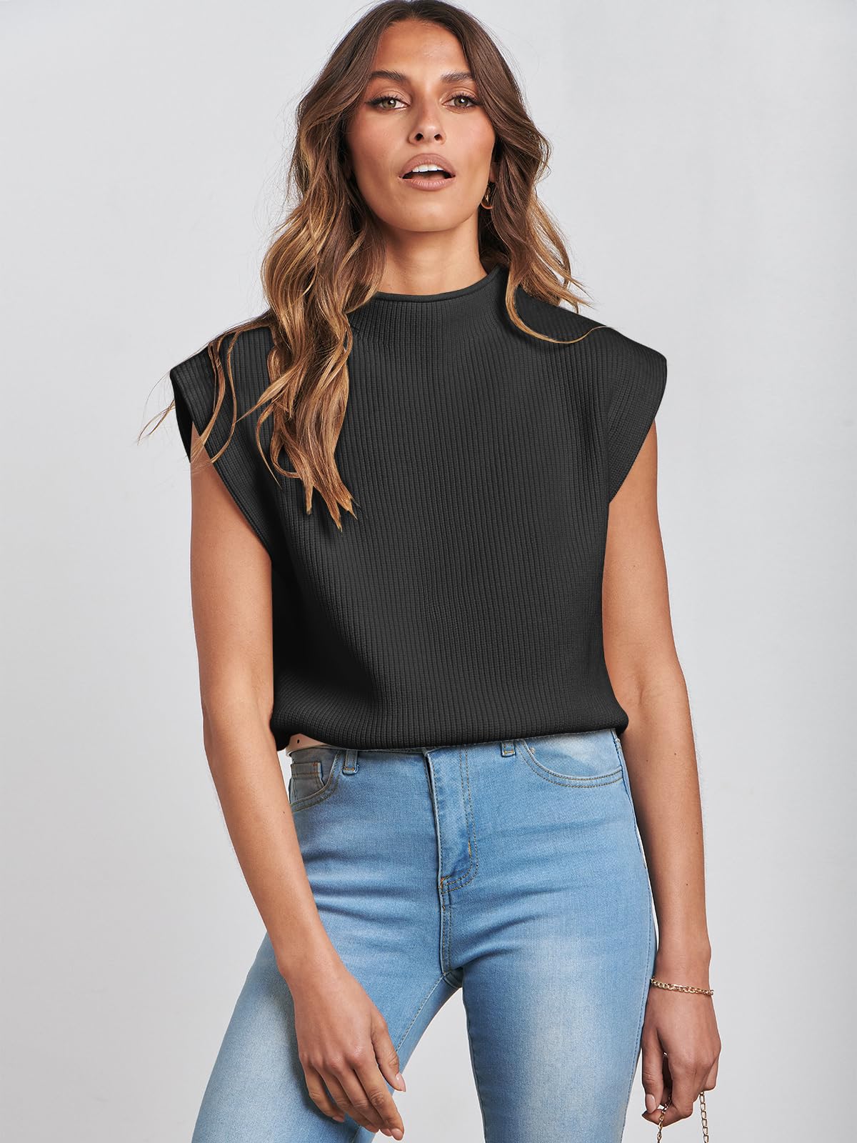 ANRABESS Women's Mock Neck Sleeveless Sweater Vest Casual Cap Sleeve Knit Pullover Tank Tops 2025 Spring Summer Clothes Black-M
