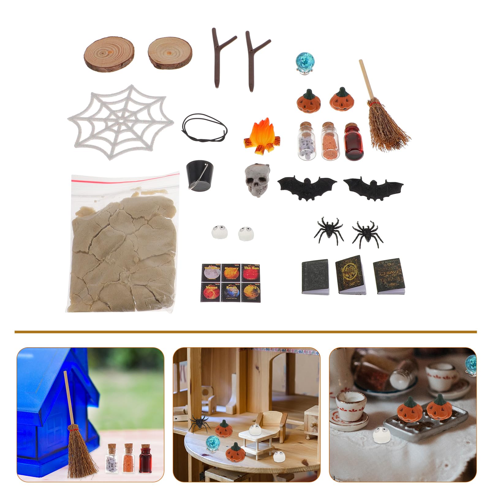 LUOZZY Halloween Theme Dollhouse Accessories Miniature Witch Bat Spider Skull Pumpkin for Micro Landscaping Ornament