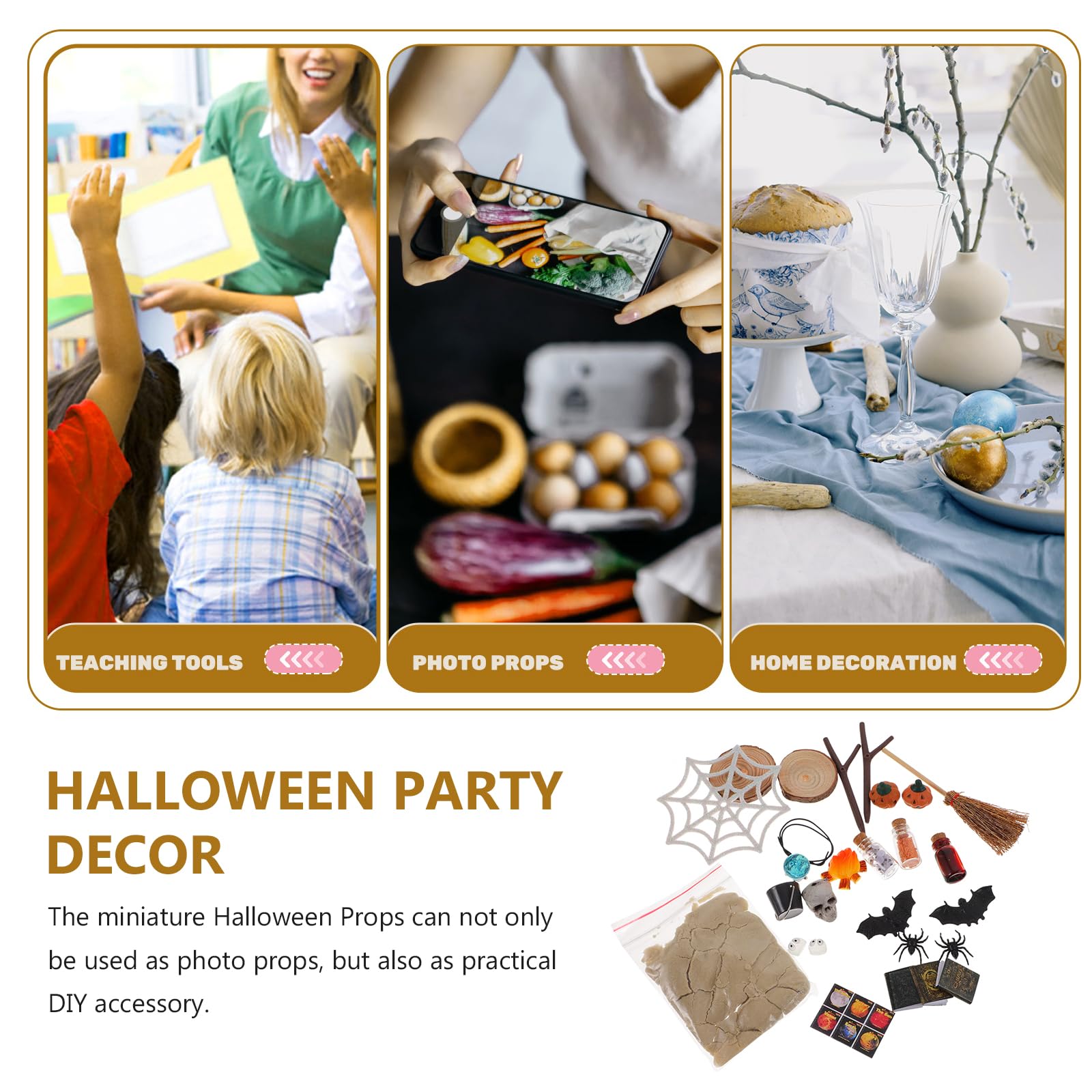 LUOZZY Halloween Theme Dollhouse Accessories Miniature Witch Bat Spider Skull Pumpkin for Micro Landscaping Ornament