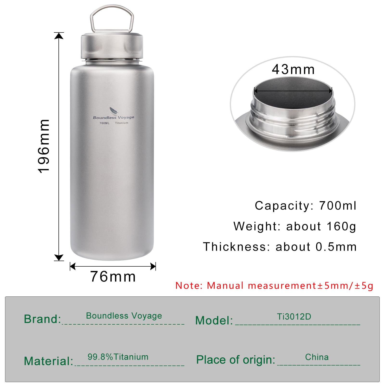 Boundless Voyage Titanium Bottle Single-layer Sports Water Bottle Ultralight Leakproof Drinkware for Outdoor Camping Hiking 700ml-Ti3012D