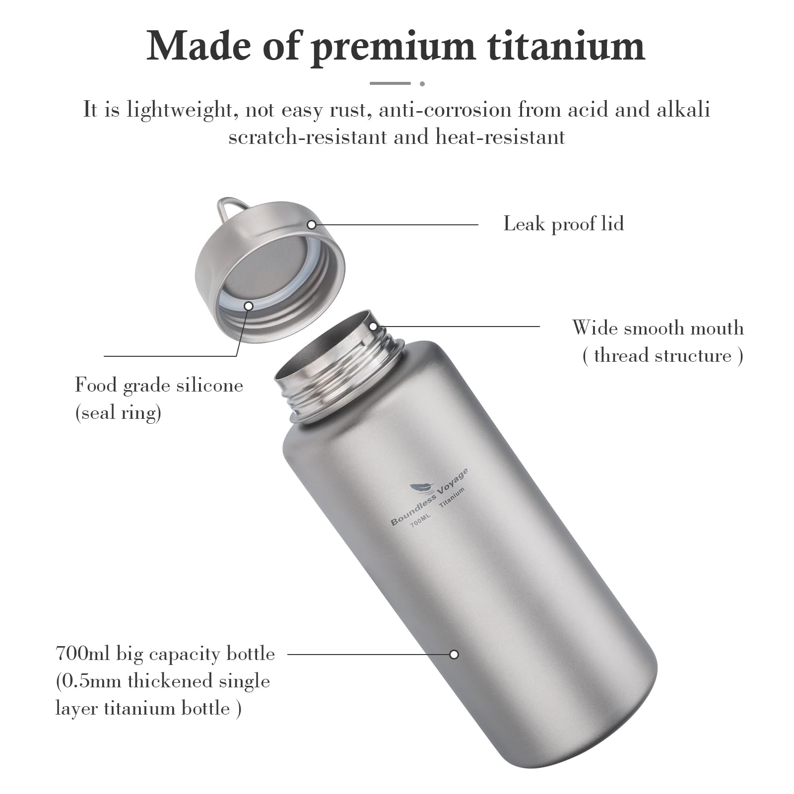Boundless Voyage Titanium Bottle Single-layer Sports Water Bottle Ultralight Leakproof Drinkware for Outdoor Camping Hiking 700ml-Ti3012D