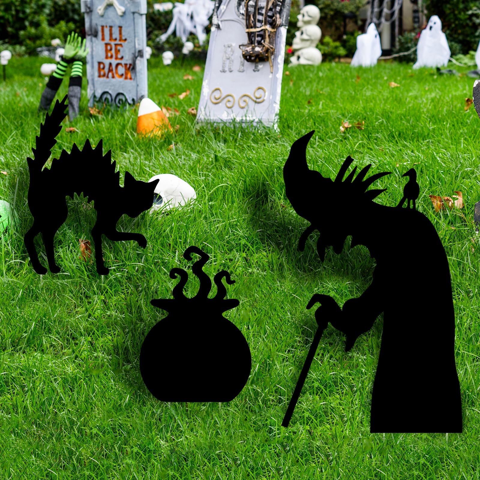 Wironlst Halloween Decorations Outdoor Black Cat Witch Cauldron Yard Signs with Stakes, Scary Witch Silhouette Halloween Decorations for Outdoor Yard Lawn Garden Halloween Decor