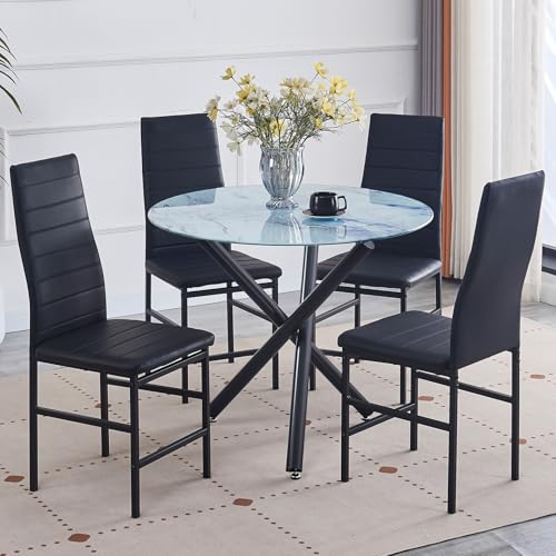 paonne Round Glass Dining Table with Gray Marble Glass Top and Silver Legs, Modern Round Glass Kitchen Table for Apartment/Restaurant/Dining Room 35.43" D x 35.43" W x 29.5" H