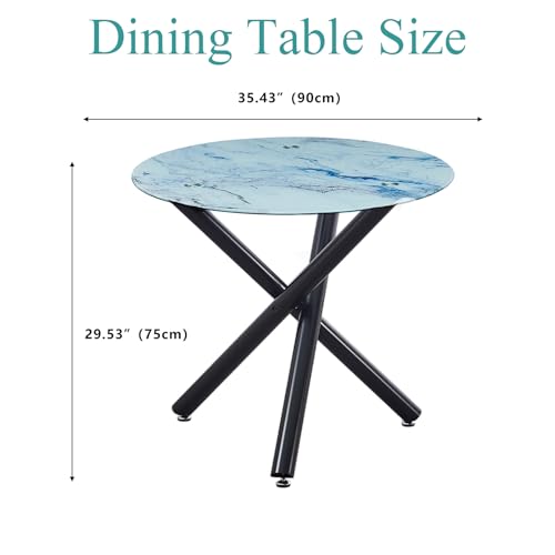 paonne Round Glass Dining Table with Gray Marble Glass Top and Silver Legs, Modern Round Glass Kitchen Table for Apartment/Restaurant/Dining Room 35.43" D x 35.43" W x 29.5" H