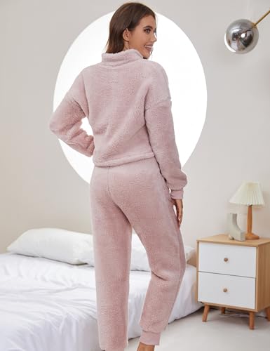 TAQCUX Womens Winter Pajamas Sets Soft Comfy Fleece Pullover Sherpa Pants Fuzzy 2 Piece Pjs Set Cute Warm Loungewear(Mauve-S)