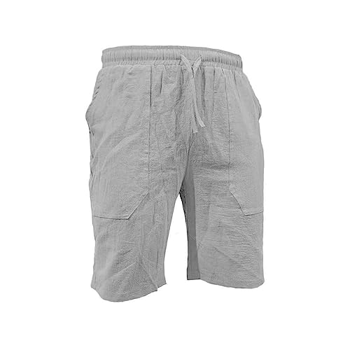 Cotton Linen Elastic Waistband Big & Tall Plus Sized Mens Beach Shorts Bodybuilding Hiking Shorts Grey