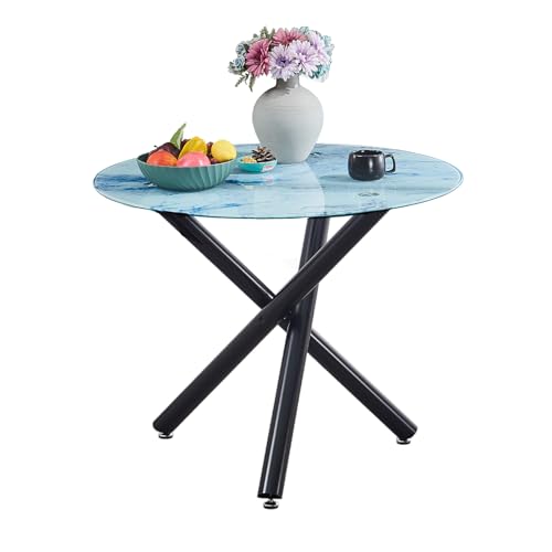 paonne Round Glass Dining Table with Gray Marble Glass Top and Silver Legs, Modern Round Glass Kitchen Table for Apartment/Restaurant/Dining Room 35.43" D x 35.43" W x 29.5" H