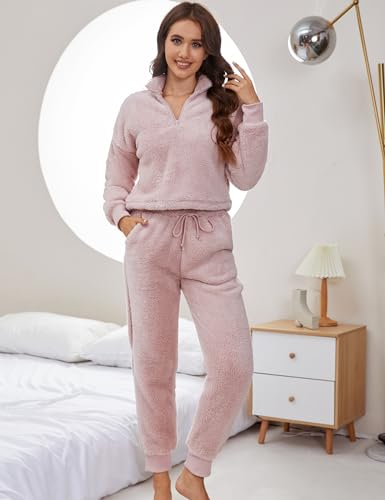 TAQCUX Womens Winter Pajamas Sets Soft Comfy Fleece Pullover Sherpa Pants Fuzzy 2 Piece Pjs Set Cute Warm Loungewear(Mauve-S)