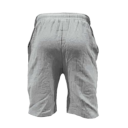 Cotton Linen Elastic Waistband Big & Tall Plus Sized Mens Beach Shorts Bodybuilding Hiking Shorts Grey