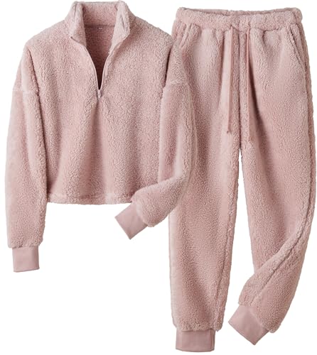 TAQCUX Womens Winter Pajamas Sets Soft Comfy Fleece Pullover Sherpa Pants Fuzzy 2 Piece Pjs Set Cute Warm Loungewear(Mauve-S)