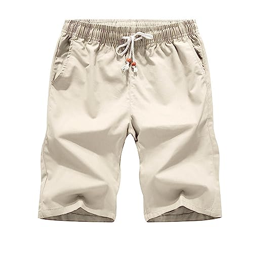 SCHWARZER Cotton linen Elastic Waistband High Waisted Relaxed Fit Mens Beach Shorts Volleyball Hiking Shorts Khaki