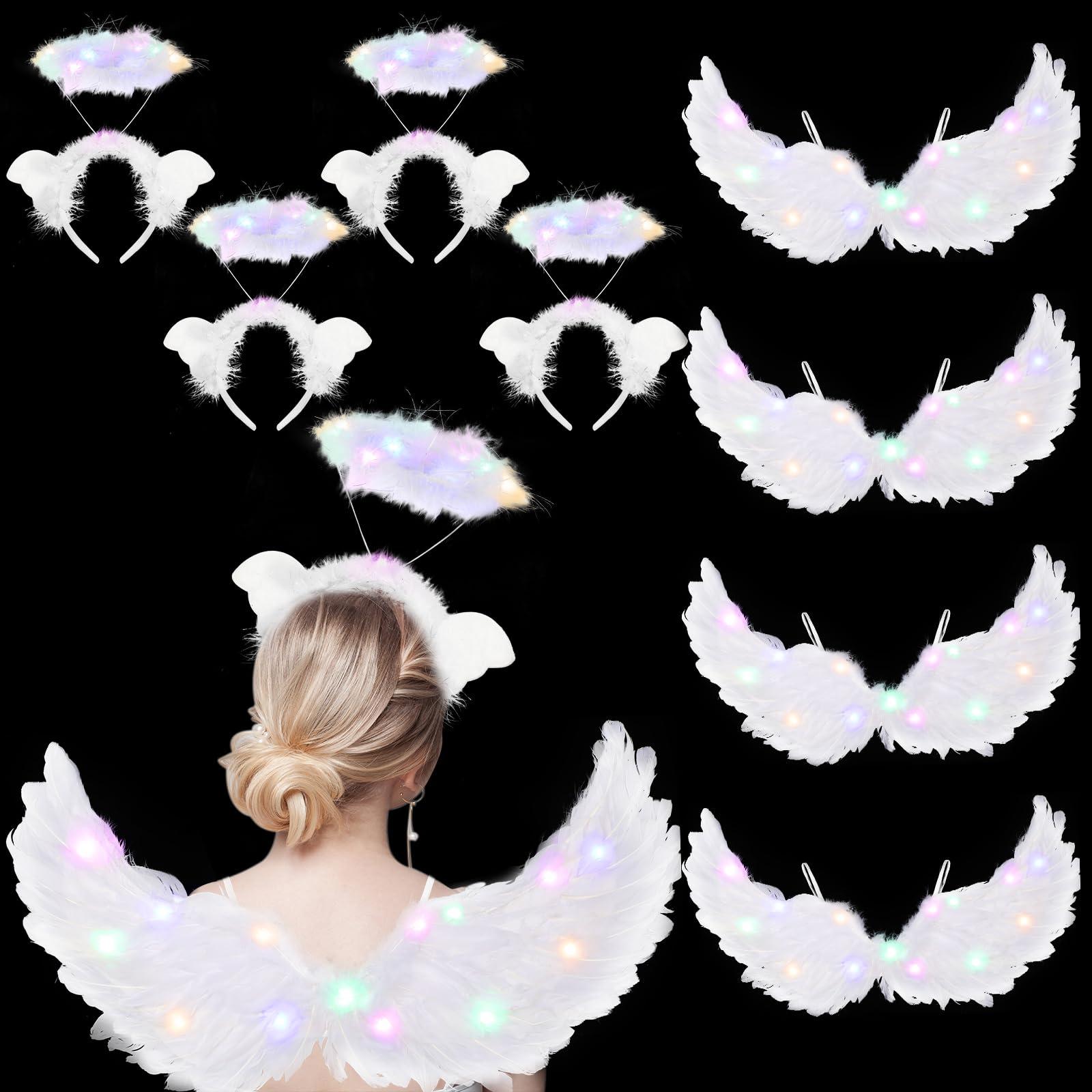 Liitrsh 4 Sets Light up Angel Wings and Headband Set White Angel Wings Costume for Girls Led Angel Feather Wings for Kids Women Halloween Christmas