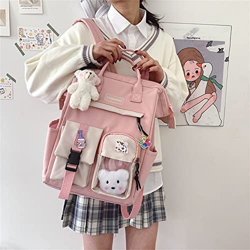 Kawaii Big Capacity Backpack with Kawaii Pin and Accessories, Cute Aesthetic Backpack Teen Girls Backpacks for School (Pink)