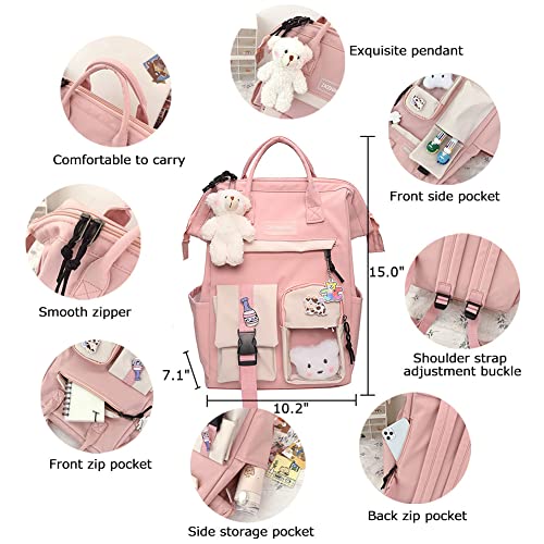 Kawaii Big Capacity Backpack with Kawaii Pin and Accessories, Cute Aesthetic Backpack Teen Girls Backpacks for School (Pink)