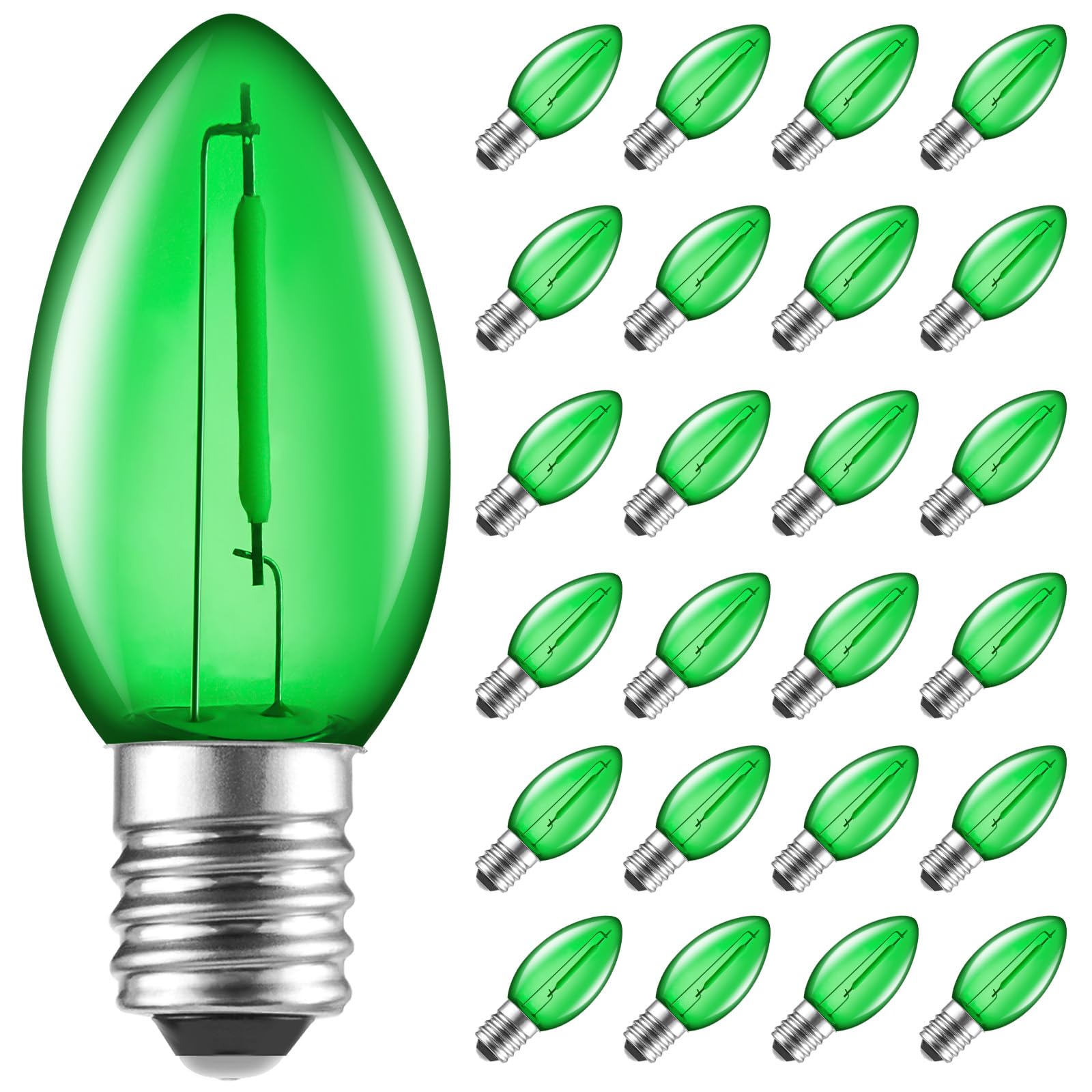 Green C7 LED Replacement Christmas Light Bulb, E12 C7 Shatterproof Replacement Bulbs,Commercial Grade Dimmable Holiday Bulbs for Christmas Outdoor Indoor Patio Roofline String Lights, 25 Pack