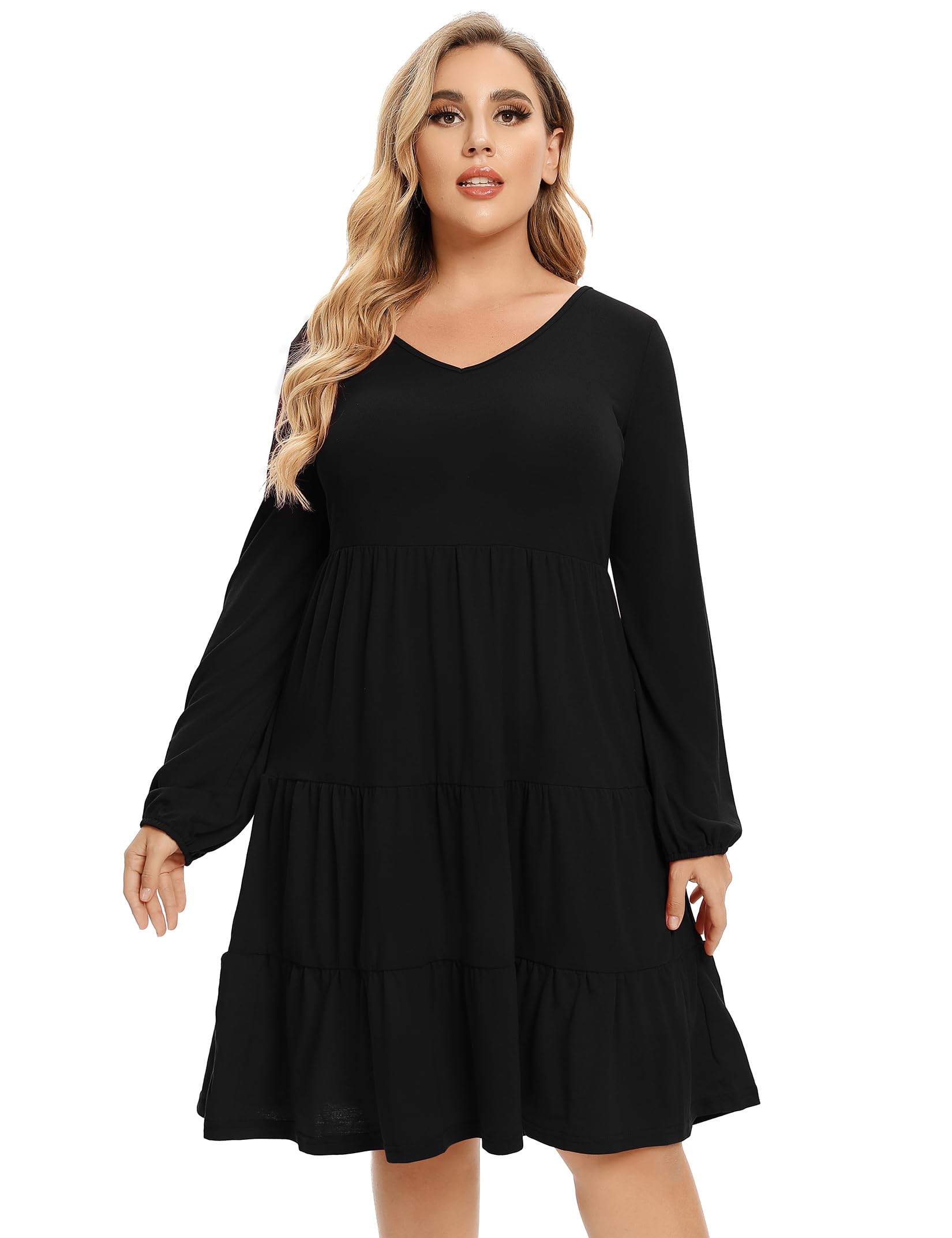 ShopWonder Women's Plus Size Casual Tunic Mini Dress Lantern Sleeve Ruffle Hem V Neck Loose Swing Fall Dresses Plus Size(Black,2XL)