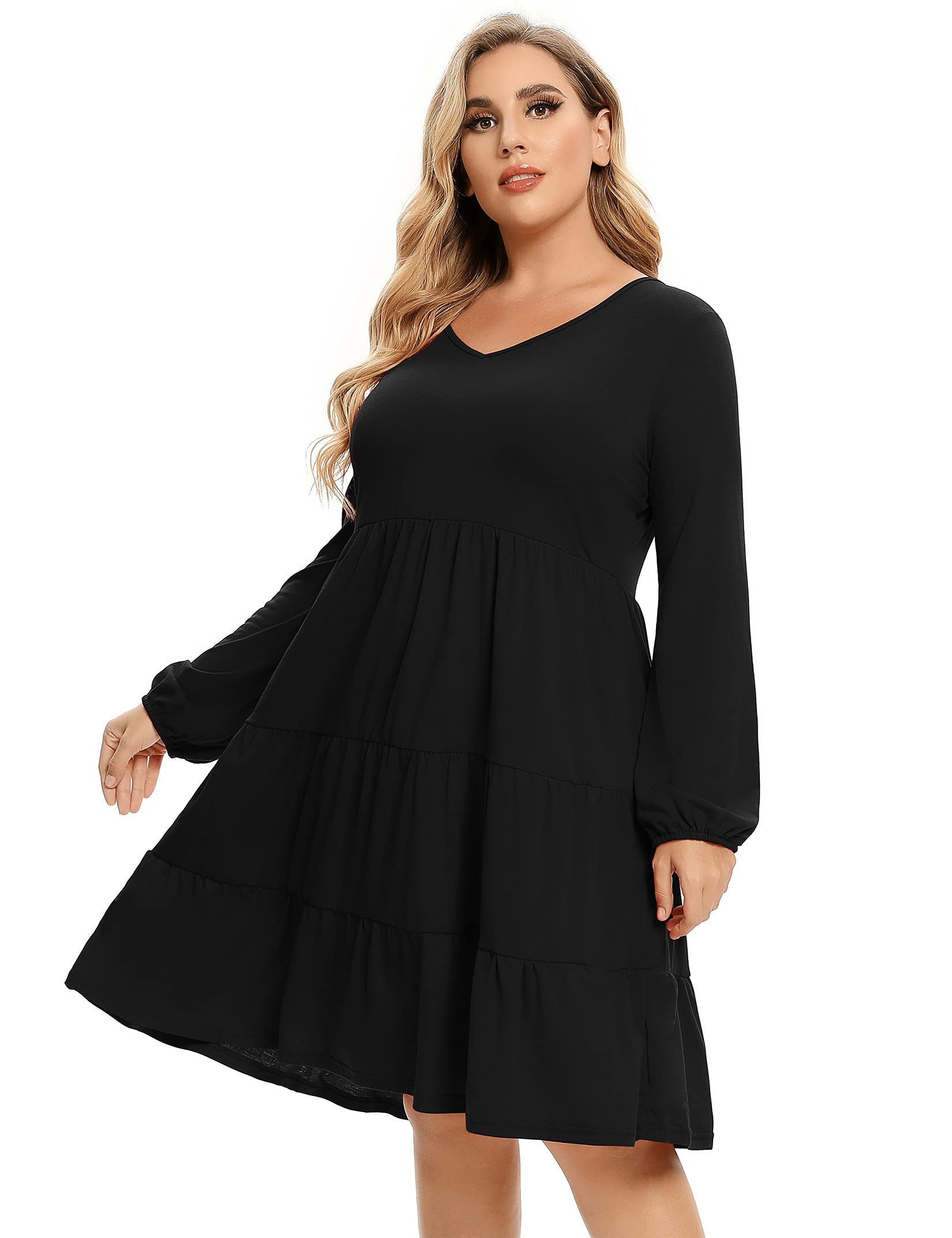 ShopWonder Women's Plus Size Casual Tunic Mini Dress Lantern Sleeve Ruffle Hem V Neck Loose Swing Fall Dresses Plus Size(Black,2XL)