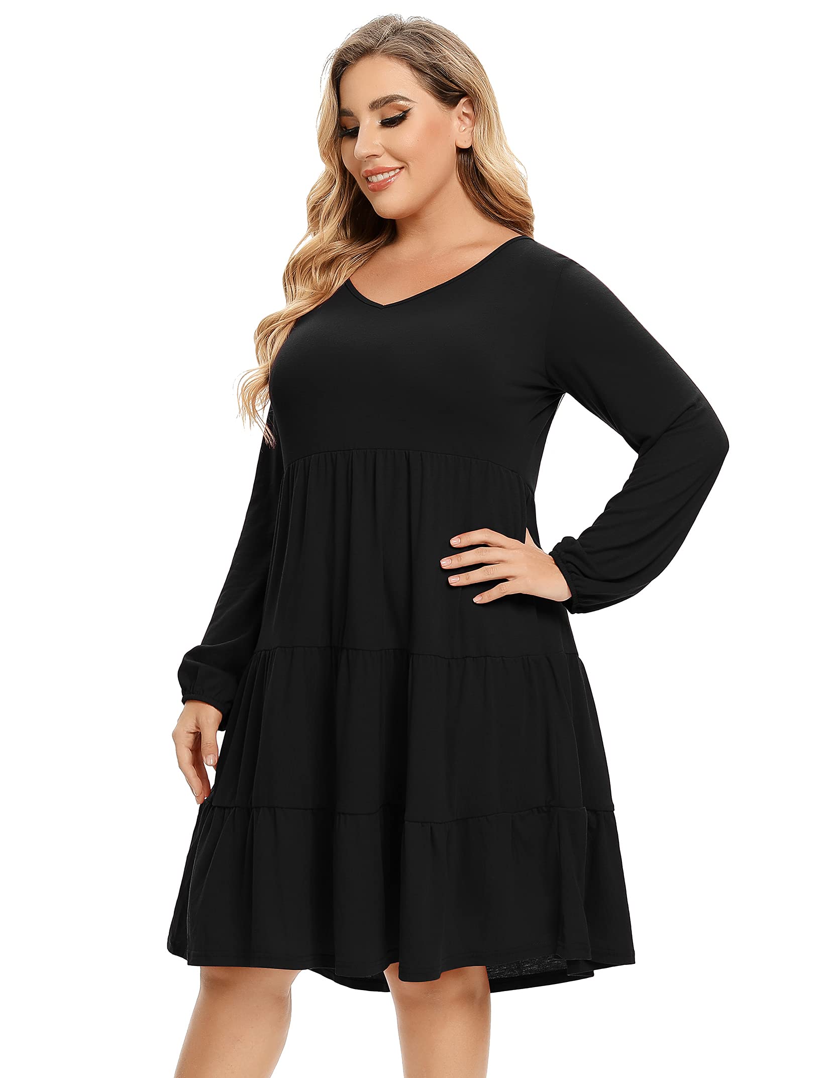 ShopWonder Women's Plus Size Casual Tunic Mini Dress Lantern Sleeve Ruffle Hem V Neck Loose Swing Fall Dresses Plus Size(Black,2XL)