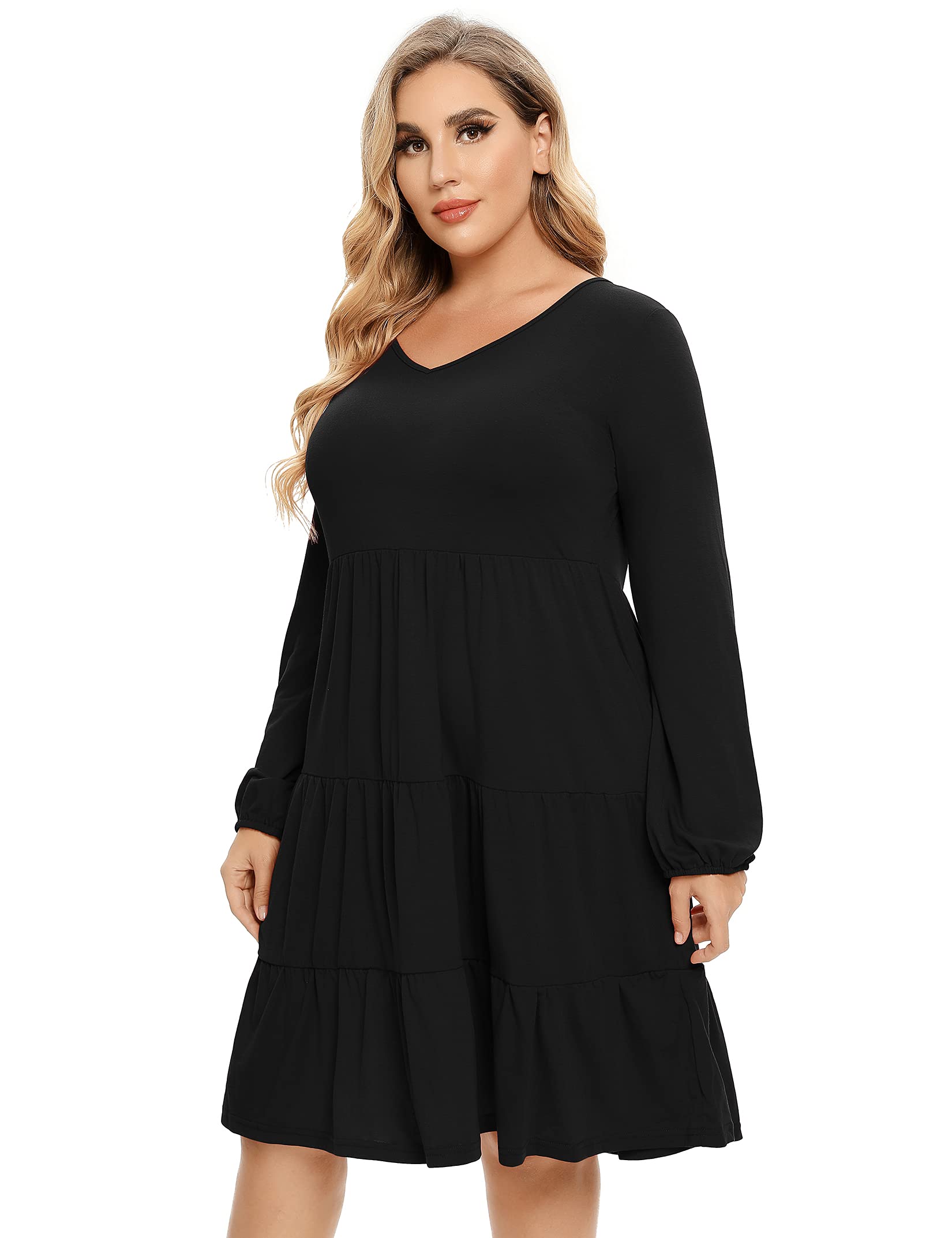 ShopWonder Women's Plus Size Casual Tunic Mini Dress Lantern Sleeve Ruffle Hem V Neck Loose Swing Fall Dresses Plus Size(Black,2XL)